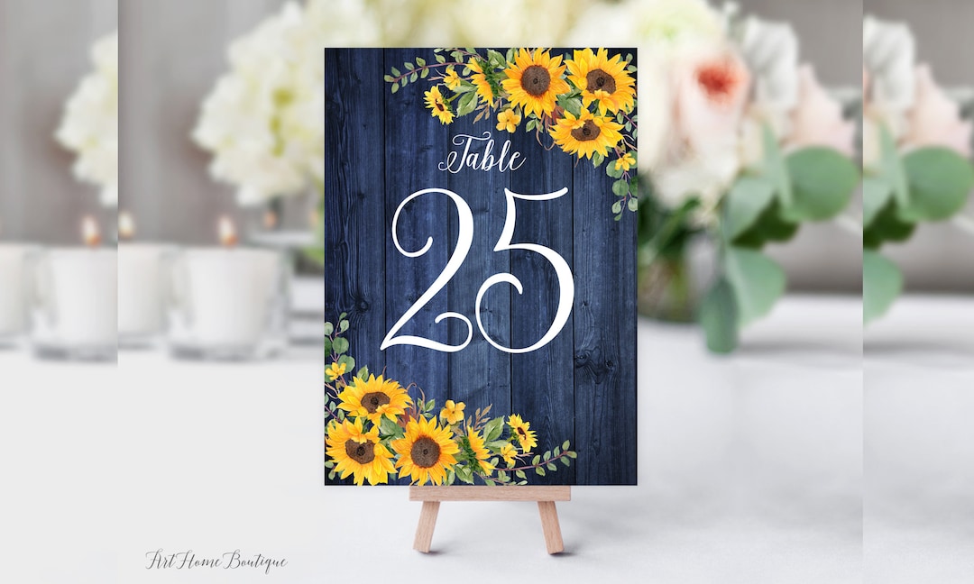 Sunflower Navy Wedding Table Numbers, Rustic Table Numbers, Birthday ...