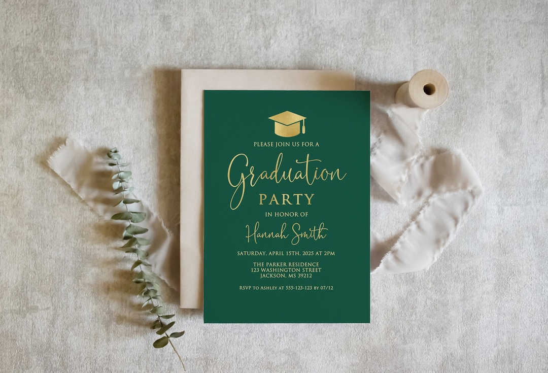 Hunter Green Graduation Invitation, Modern Graduation Invitation, Grad ...