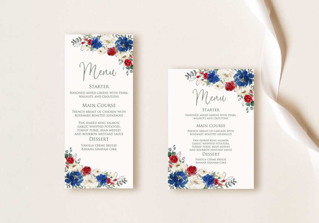 Red White Blue Menu Card, Wedding Menu, Retirement Menu, Birthday Menu ...