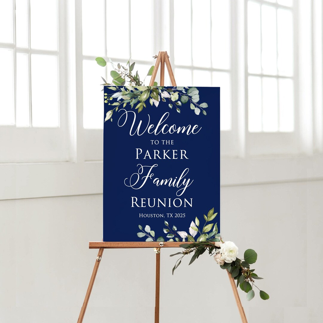 Navy Family Reunion Welcome Sign, Blue Welcome Sign, Greenery Blue ...
