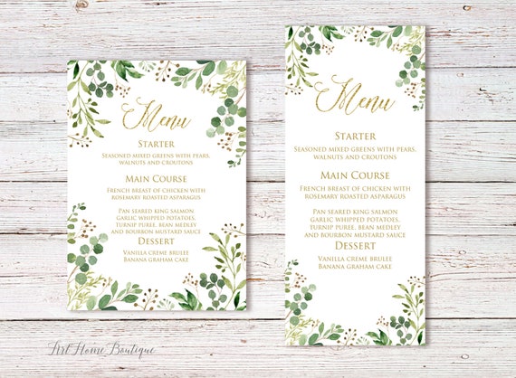 Greenery Menu Card Birthday Menu Printable Wedding Menu | Etsy