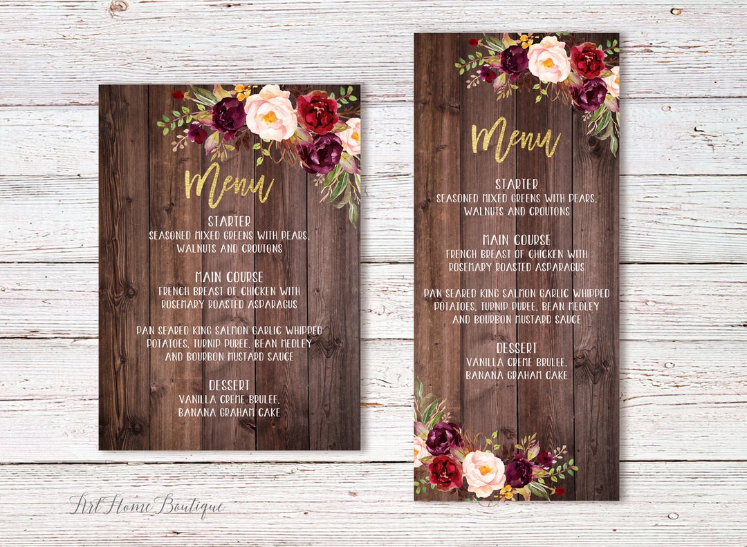 Rustic Menu Card, Wedding Menu, Birthday Menu Printable, Floral Menu ...