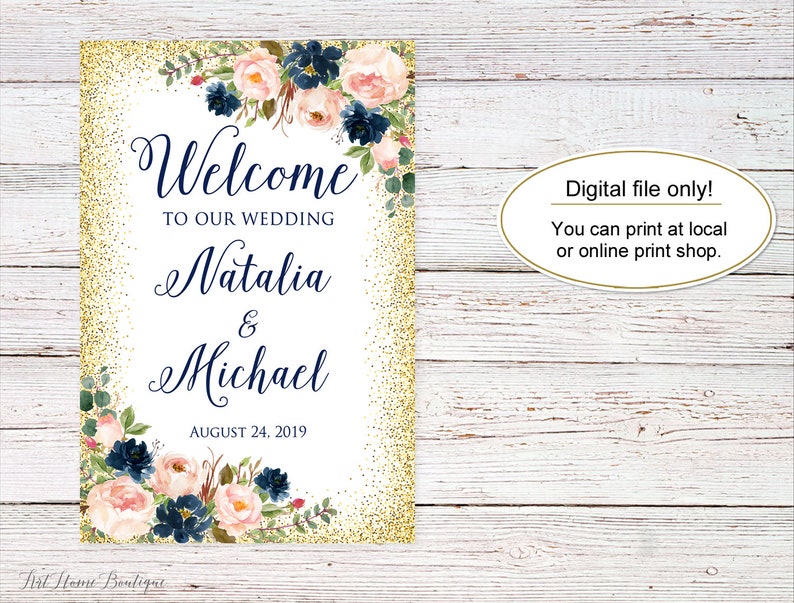 Navy Welcome Wedding Sign, Blush and Blue Welcome Wedding Sign, Welcome ...