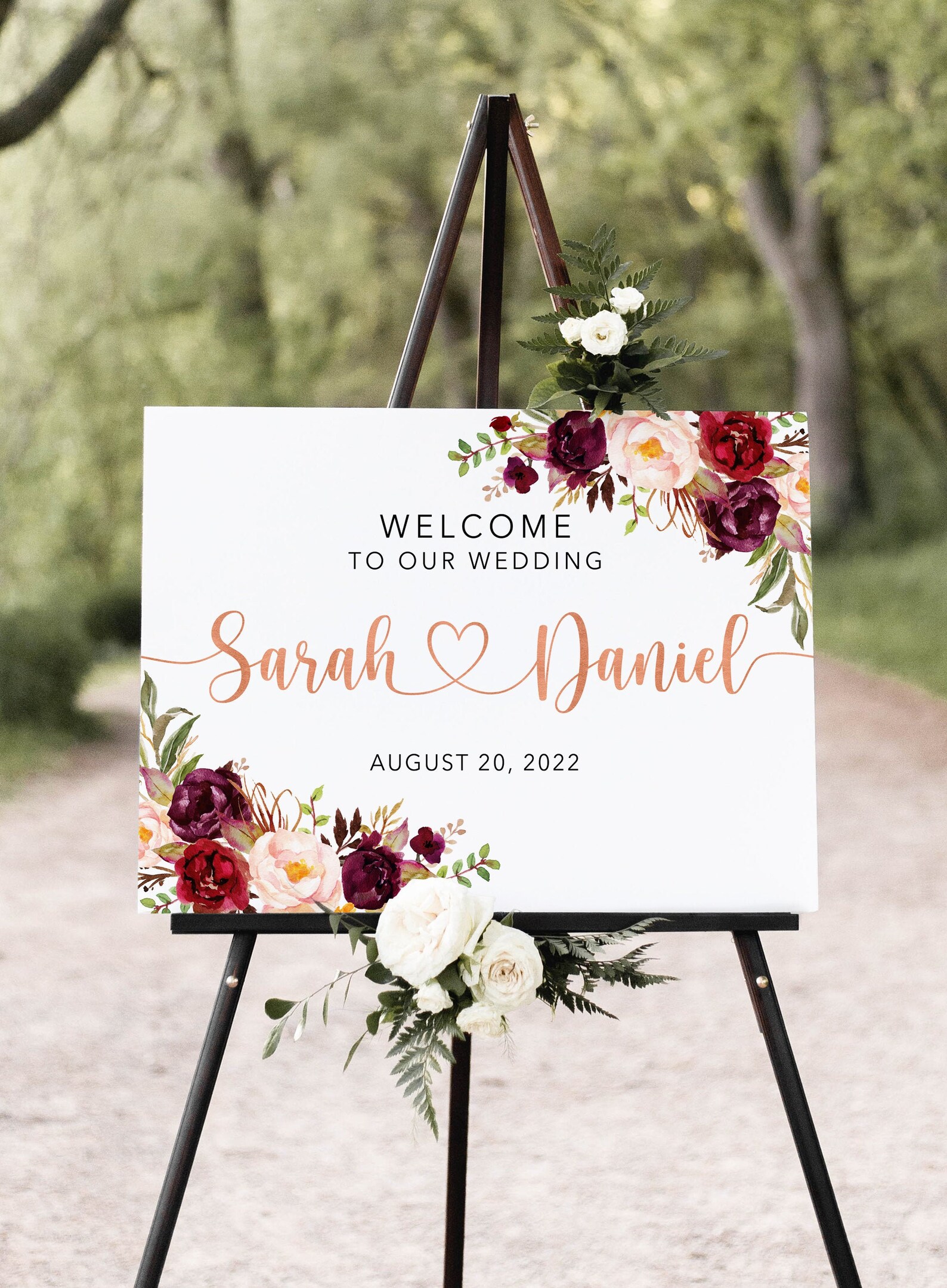 Rose Gold Wedding Welcome Sign Burgundy Wedding Welcome Sign - Etsy