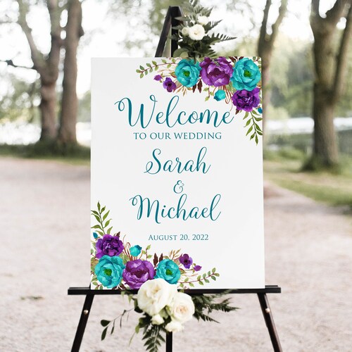 Teal and Purple Wedding Welcome Sign Purple and Turquoise - Etsy