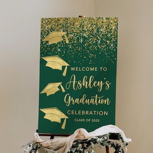 Hunter Green Graduation Party Welcome Sign, Gold Confetti Graduation ...