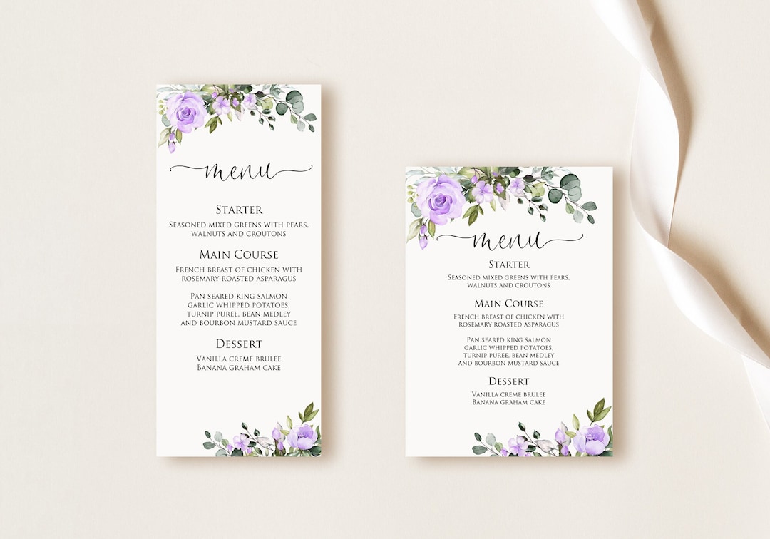 Purple Menu Card, Modern Menu Printable, Botanical Menu, Purple Wedding ...