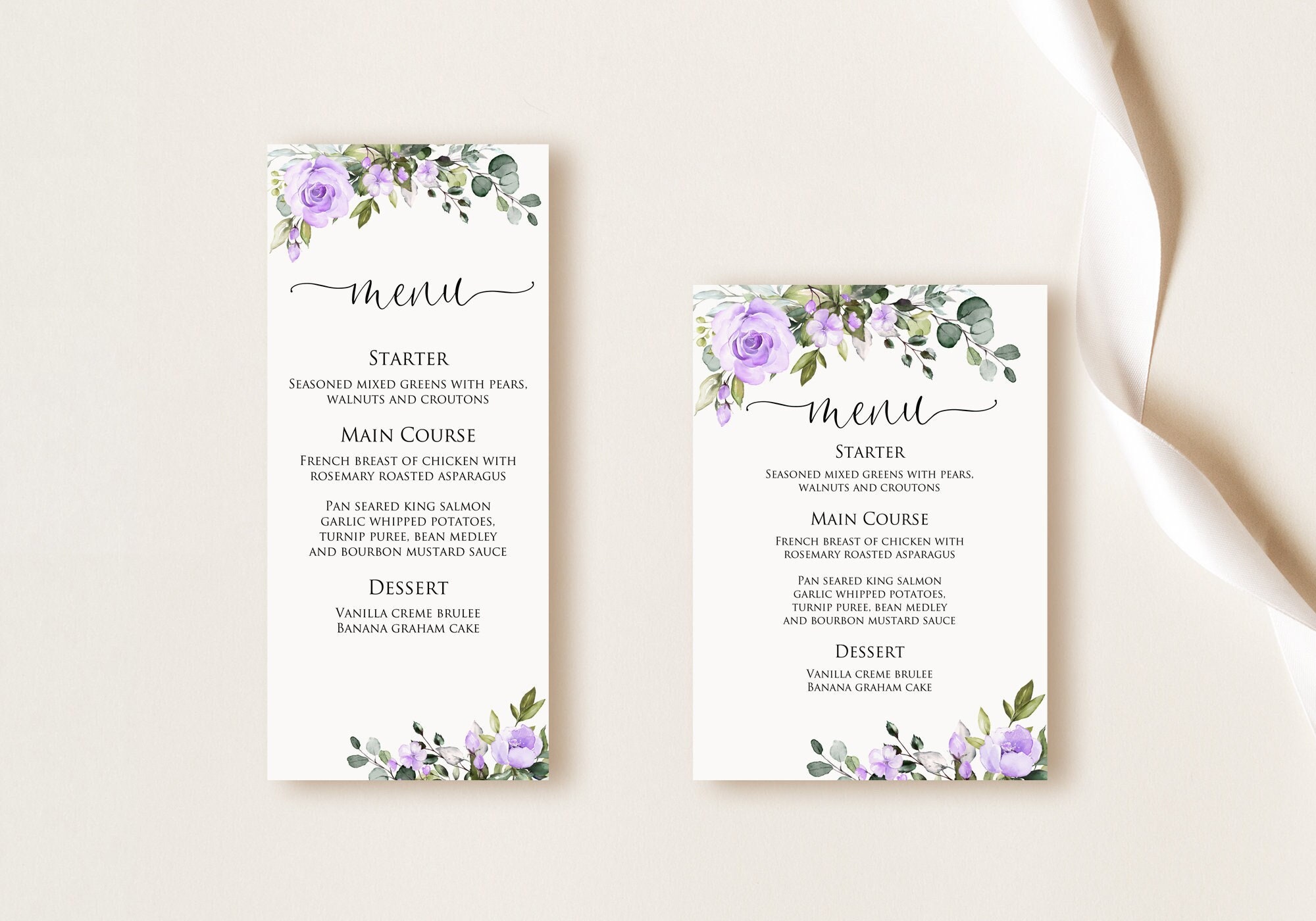 Purple Menu Card, Modern Menu Printable, Botanical Menu, Purple Wedding ...