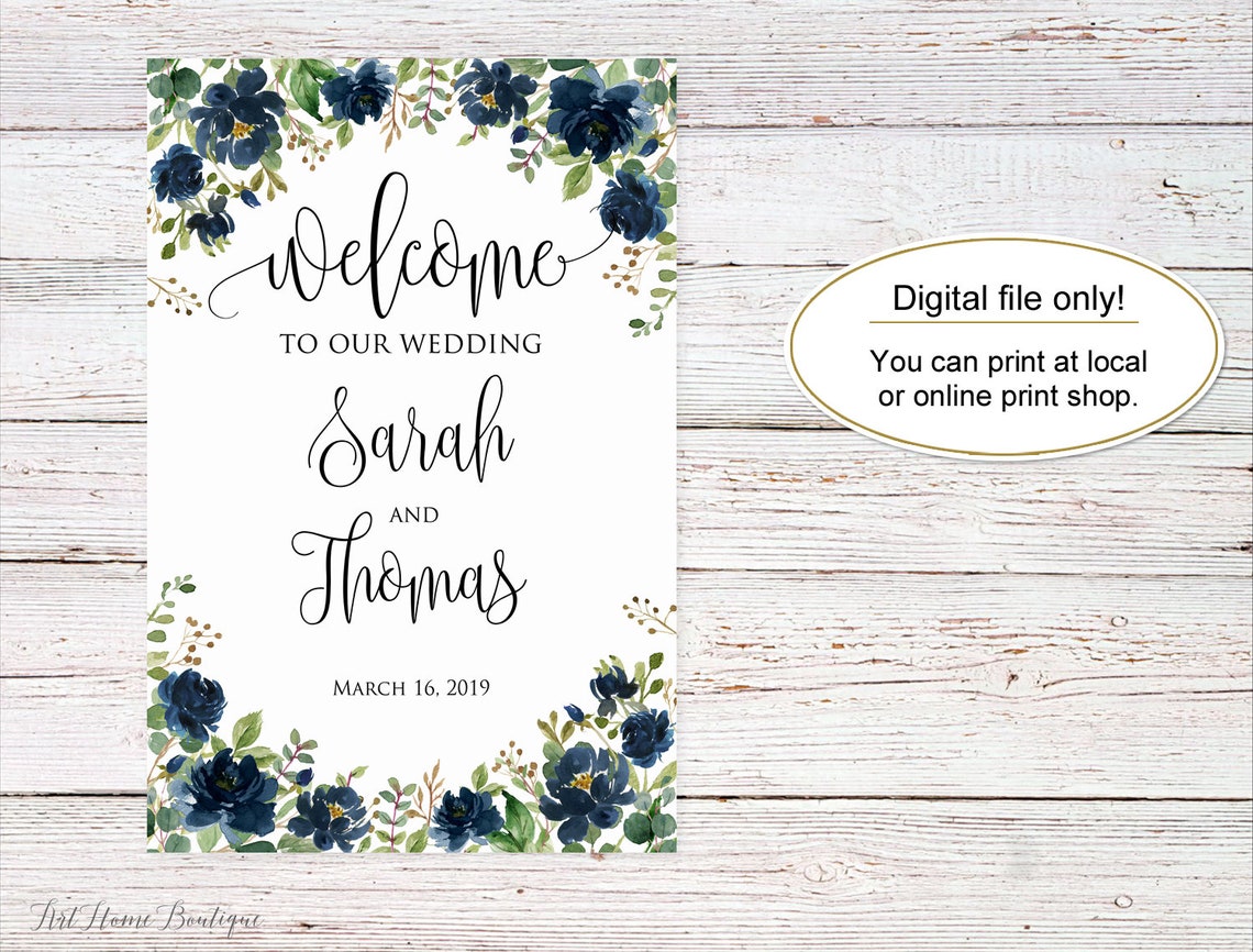 Navy Welcome Wedding Sign Blue Floral Welcome to Our Wedding | Etsy