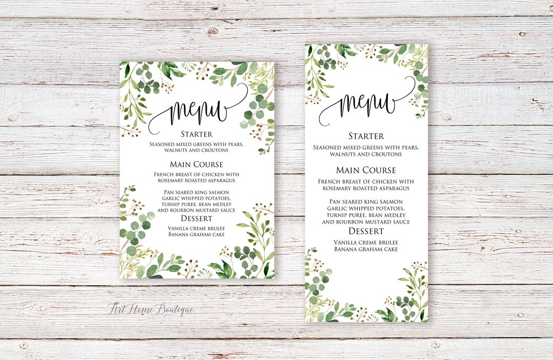 Greenery Menu Card, Birthday Menu Printable, Garden Wedding Menu ...