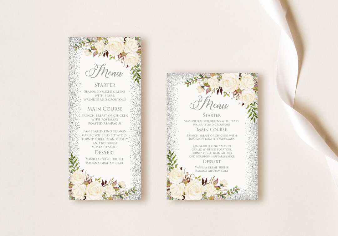 Floral Menu Card, White Silver Wedding Menu, Birthday Menu Printable ...