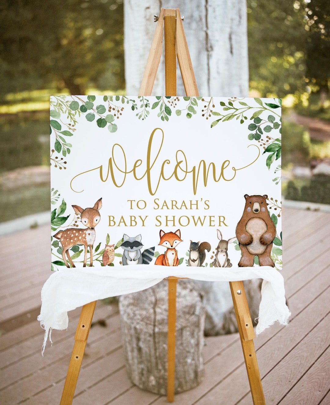 Greenery Woodland Baby Shower Welcome Sign, Forest Animals Decorations ...