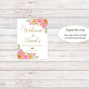 Hot Pink Orange Graduation Party Welcome Sign, Floral Grad Party Decor ...