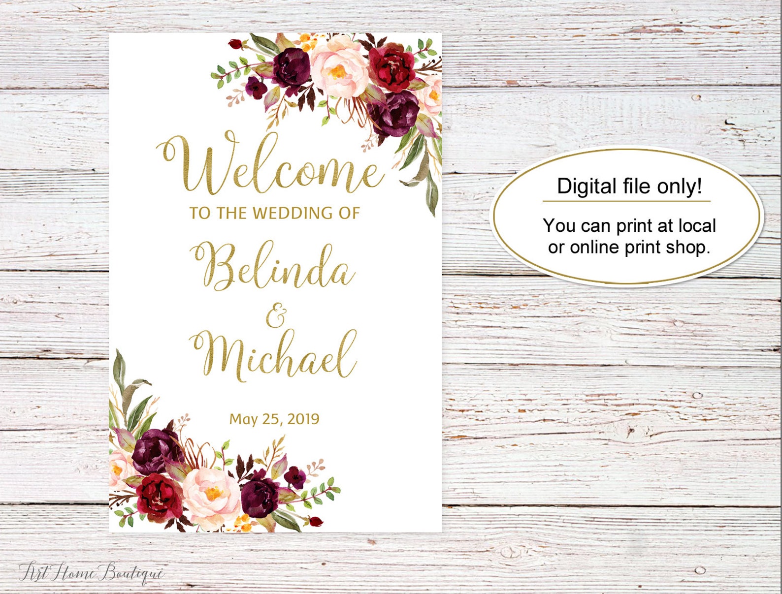 Welcome To Our Wedding Sign Burgundy Welcome Wedding Sign | Etsy