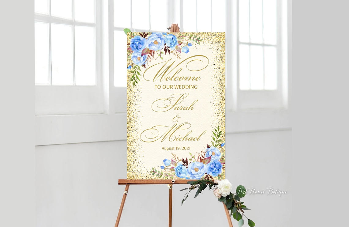 Welcome Wedding Sign, Blue and Gold Welcome Wedding Sign, Blue Ivory ...