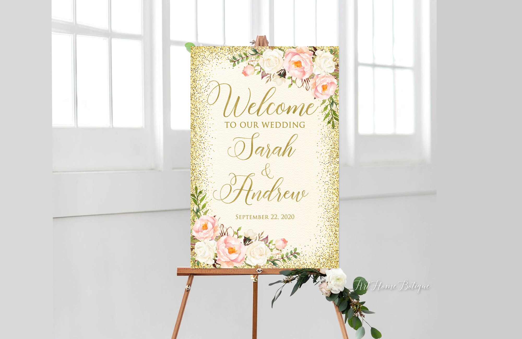 Ivory Gold Wedding Welcome Sign Floral Welcome Wedding | Etsy