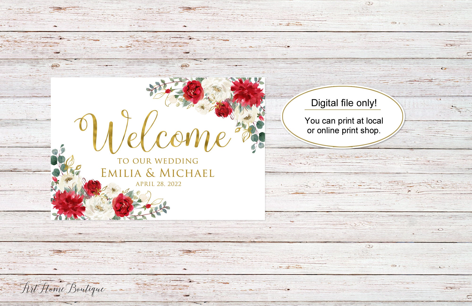 Red Gold Wedding Welcome Sign Red Floral Welcome Sign - Etsy