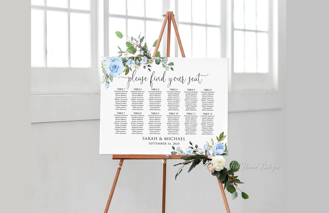 Light Blue Seating Chart, Blue Floral Wedding Seating Chart, Find Your ...