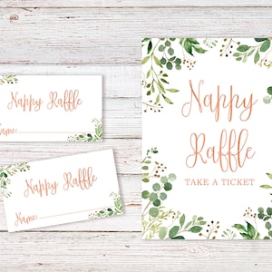 Greenery Baby Shower Nappy Raffle, Nappy Raffle Tickets, Rose Gold Baby ...