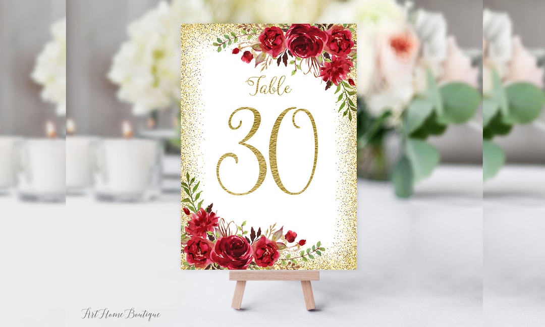 Wedding Table Numbers, Red and Gold Floral Table Numbers, Printable ...