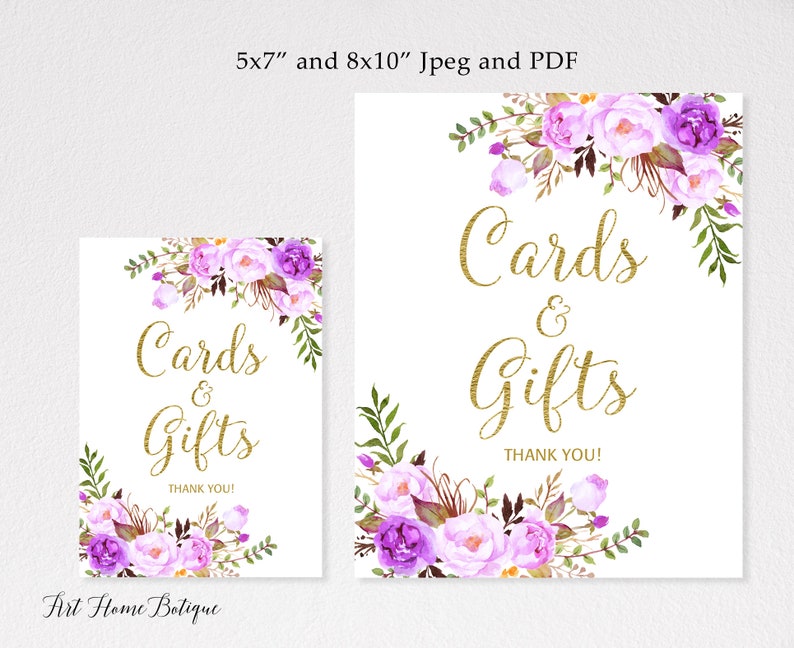 Purple Cards and Gifts Sign Gift Table Sign Floral Printable | Etsy