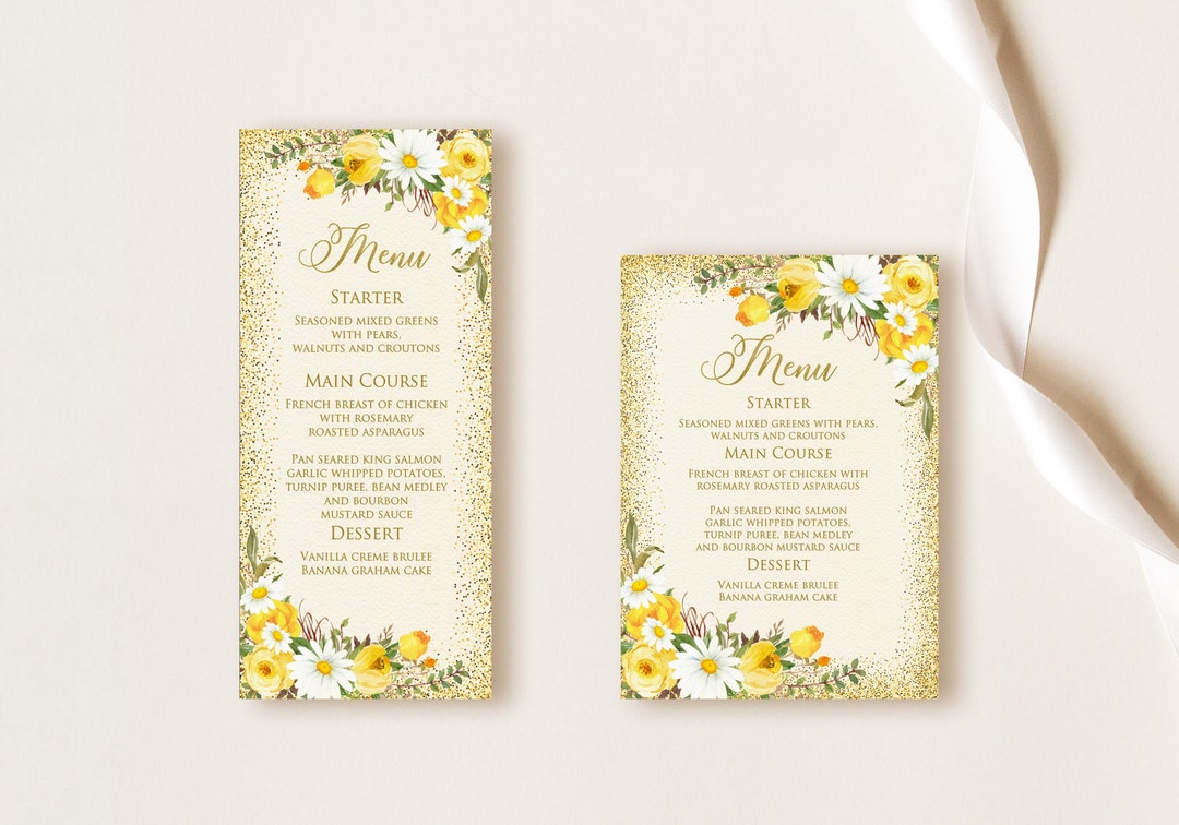 Daisy and Yellow Roses Wedding Menu Card, Yellow Birthday Menu, Wedding ...