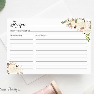 Floral Recipe Card, Recipe Card Printable, Bridal Shower Recipe Card ...