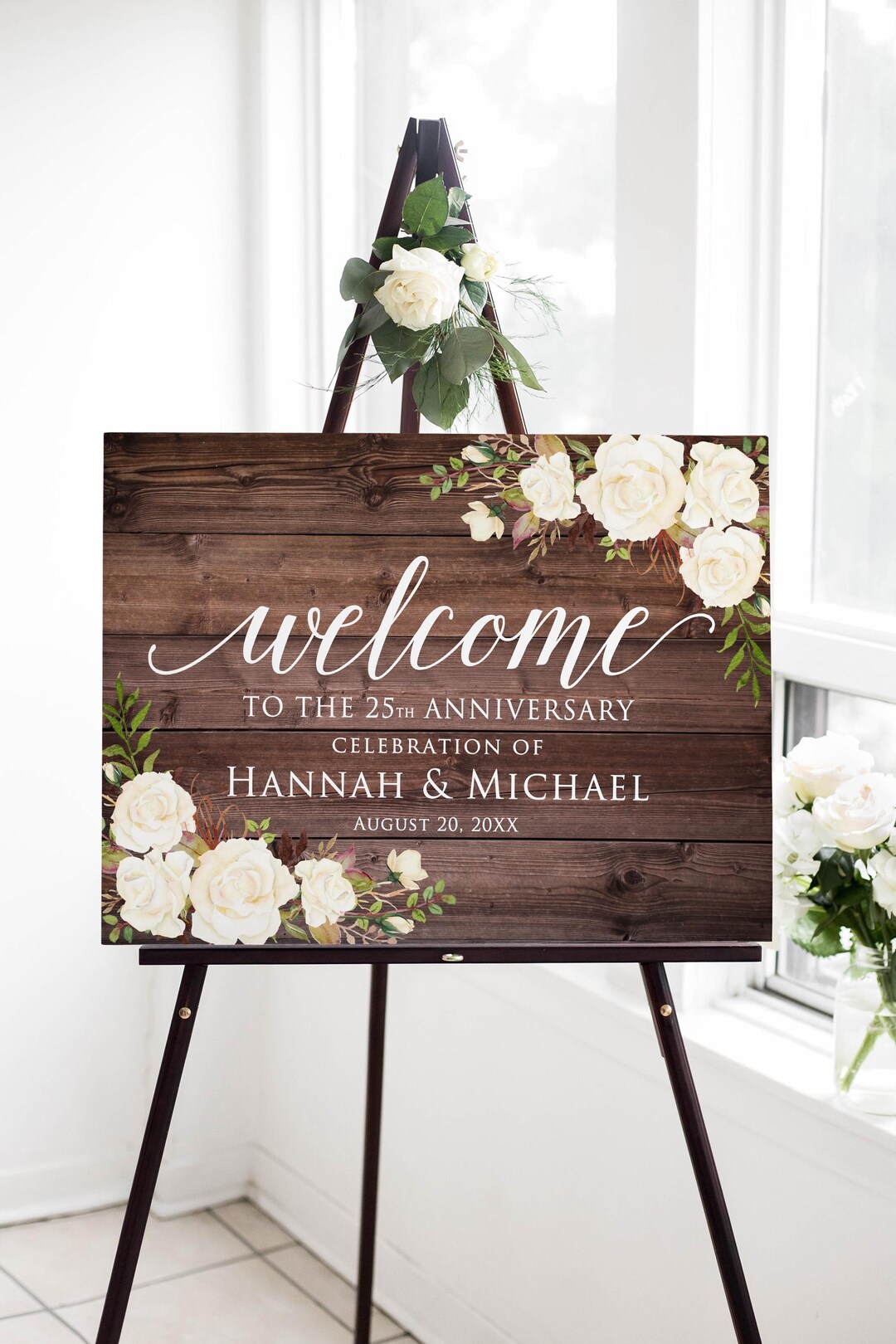 Rustic 25th Anniversary Welcome Sign, White Roses, Digital File, W305 ...