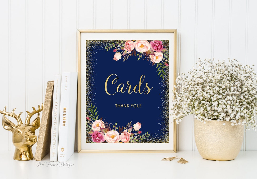 Cards Sign, Gift Table Sign, Floral Printable Sign, Navy Gold Sign ...