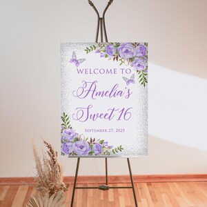 Purple Sweet 16 Welcome Sign, Butterfly Birthday, Floral Purple Sweet ...