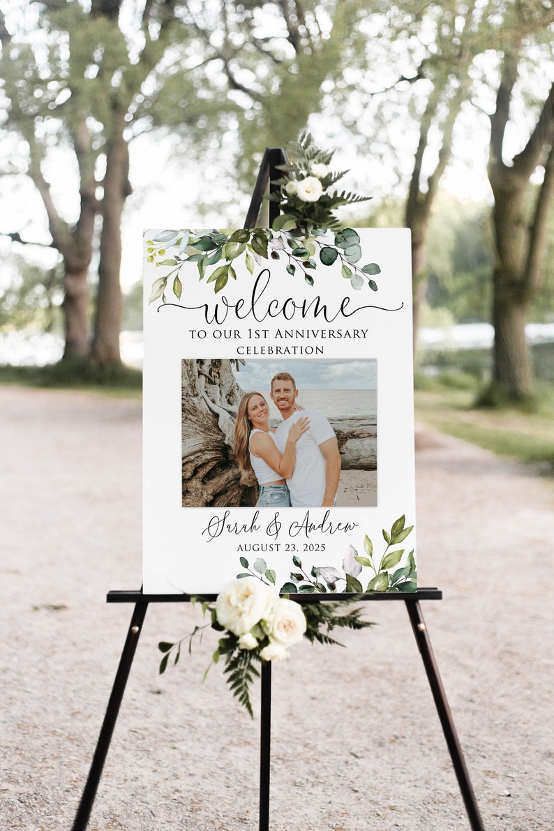 1st Anniversary Welcome Sign, Photo Anniversary Welcome Sign, Greenery ...