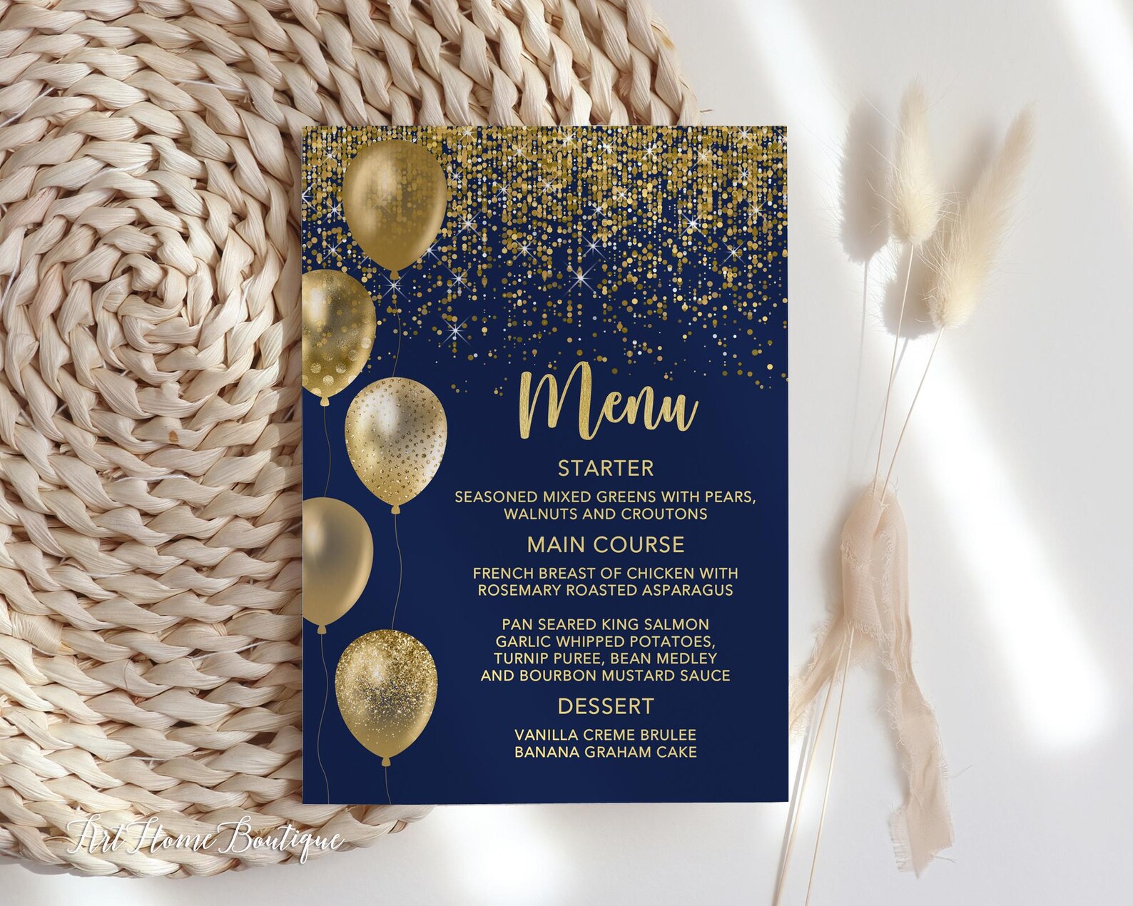 Navy Menu Card, Dark Blue Menu With Gold Balloons and Confetti, Digital ...