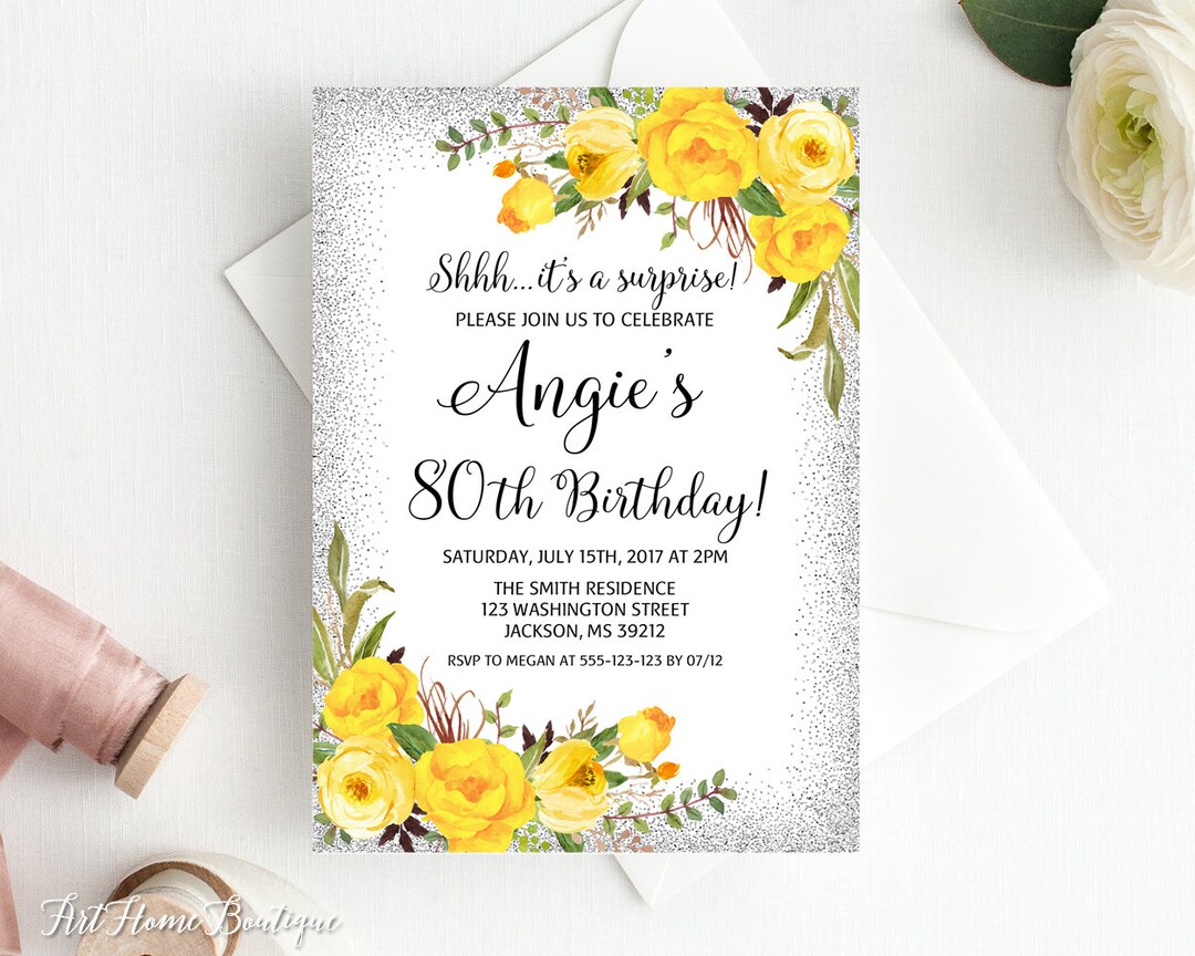 Yellow Floral Surprise 80th Birthday Invitation, Any Age Birthday ...