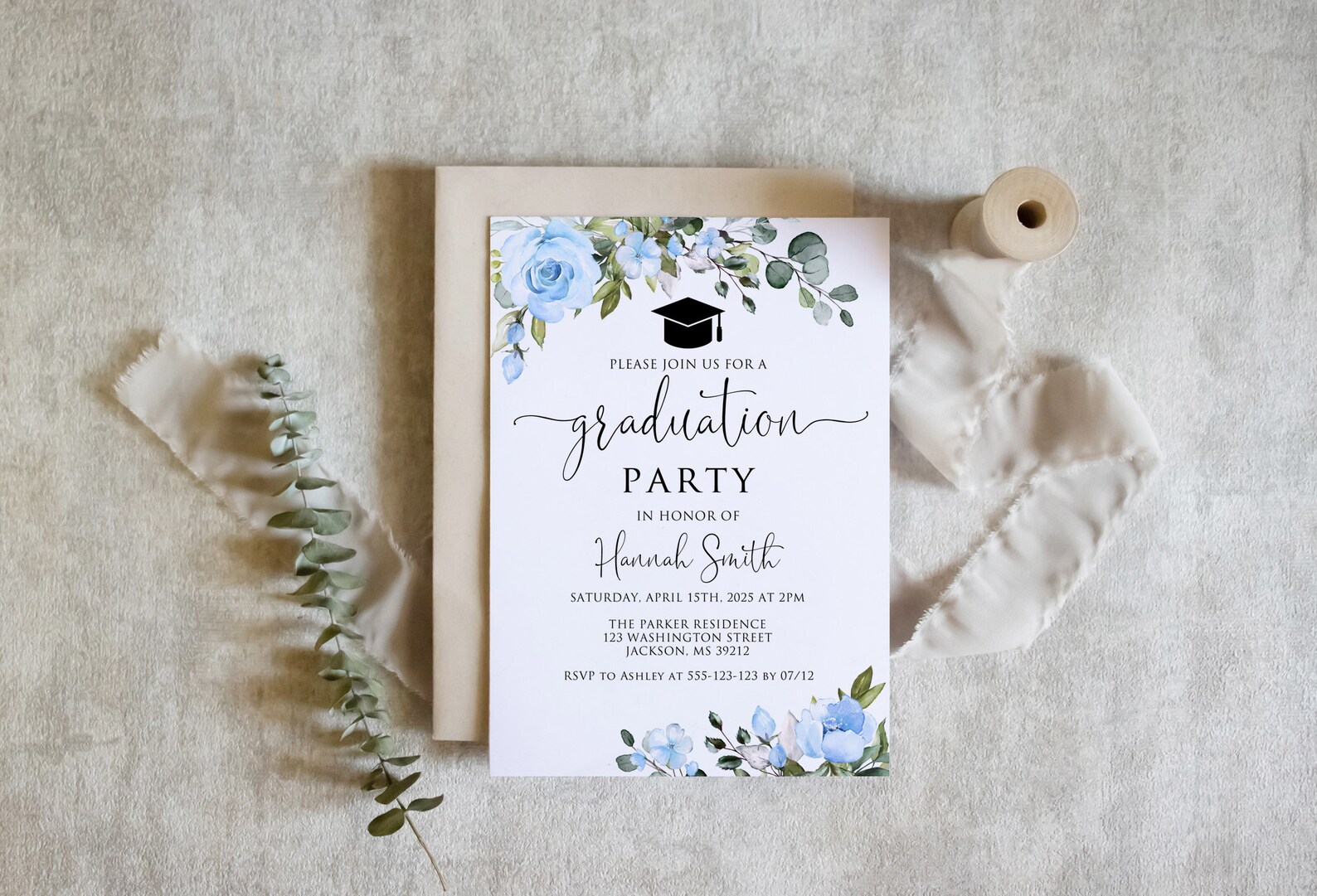 Blue Graduation Party Invitation, Floral Graduation Invitation, Grad ...