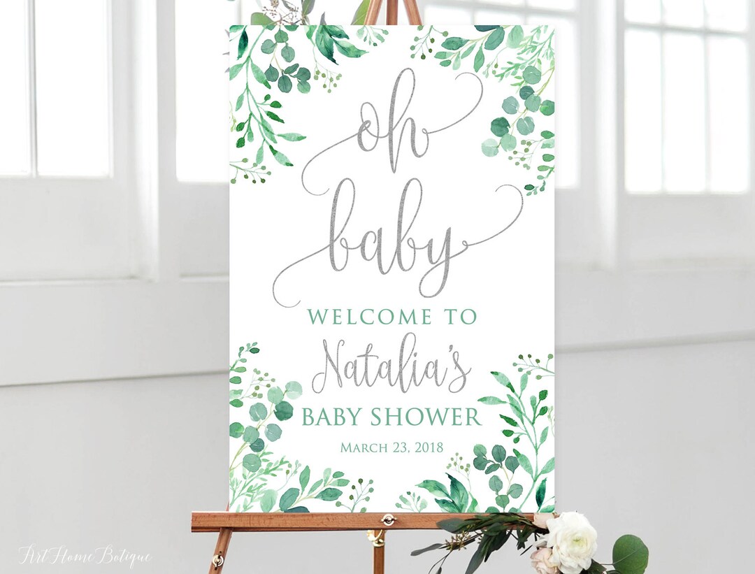 Mint and Silver Baby Shower Welcome Sign, Greenery Oh Baby Welcome Sign ...