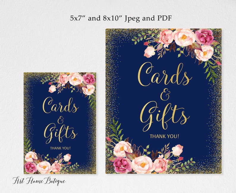 Cards and Gifts Sign, Gift Table Sign, Floral Printable Sign, Navy Gold ...