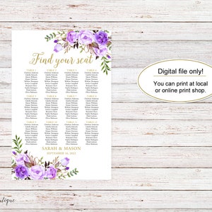 Purple Gold Wedding Seating Chart, Purple Wedding Seating Plan, Wedding ...