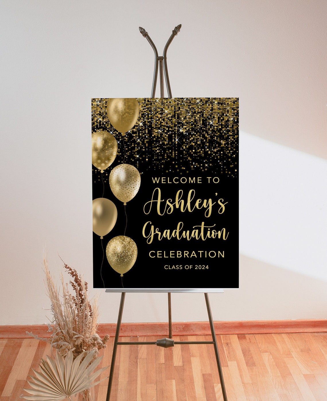 Black and Gold Graduation Party Welcome Sign, Gold Confetti Graduation ...