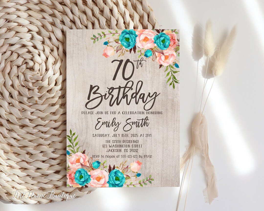 Teal Coral Birthday Invitation, 70th Birthday Invitation, Any Age ...