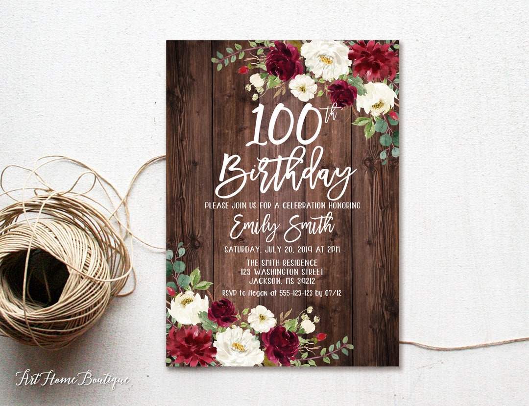 100th Birthday Invitation, Any Age Rustic Birthday Invitation, Burgundy ...