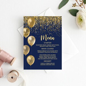 Navy Menu Card, Dark Blue Menu With Gold Balloons and Confetti, Digital ...