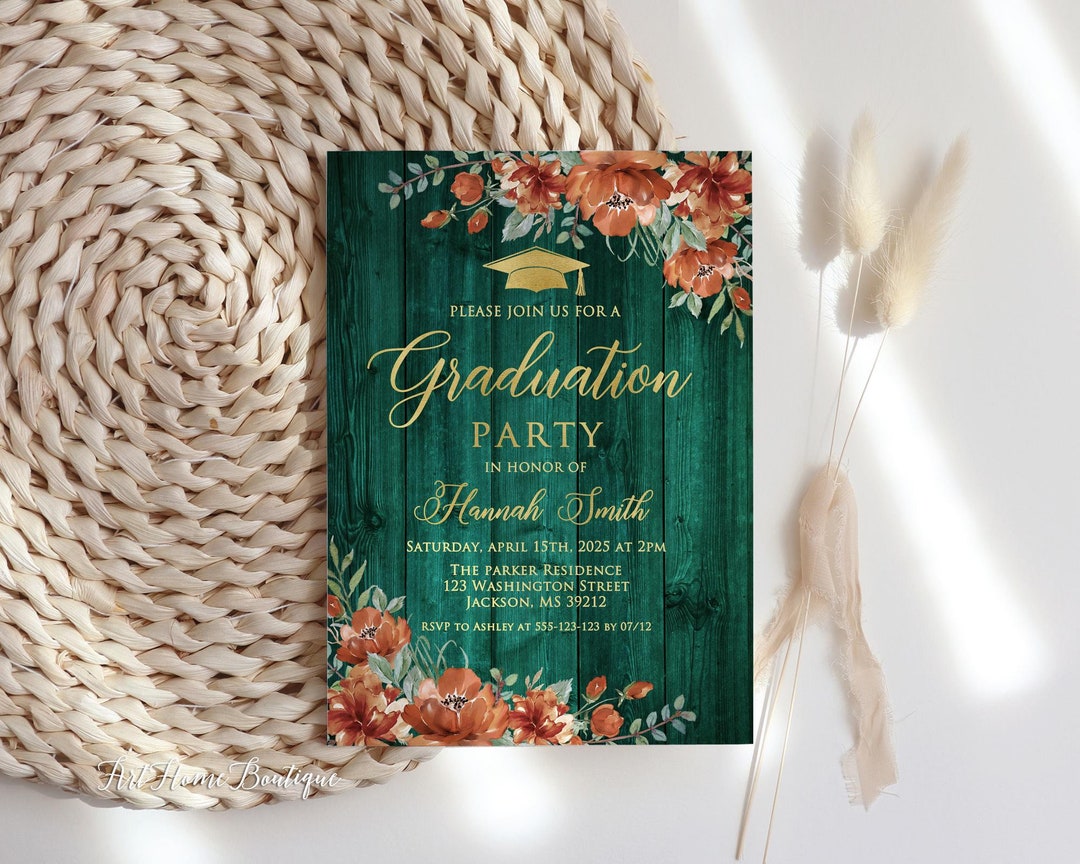 Rustic Emerald Green Graduation Invitation, Burnt Orange Graduation ...