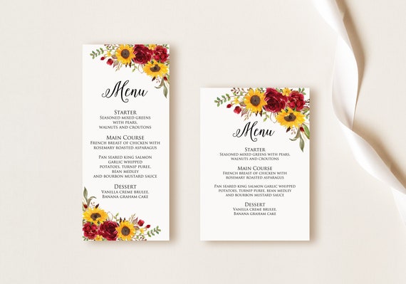 Sunflower Menu Card Burgundy Menu Card Sunflowers and Roses - Etsy