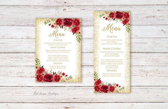 Menu Card Red Wedding Menu Birthday Menu Printable Gold | Etsy