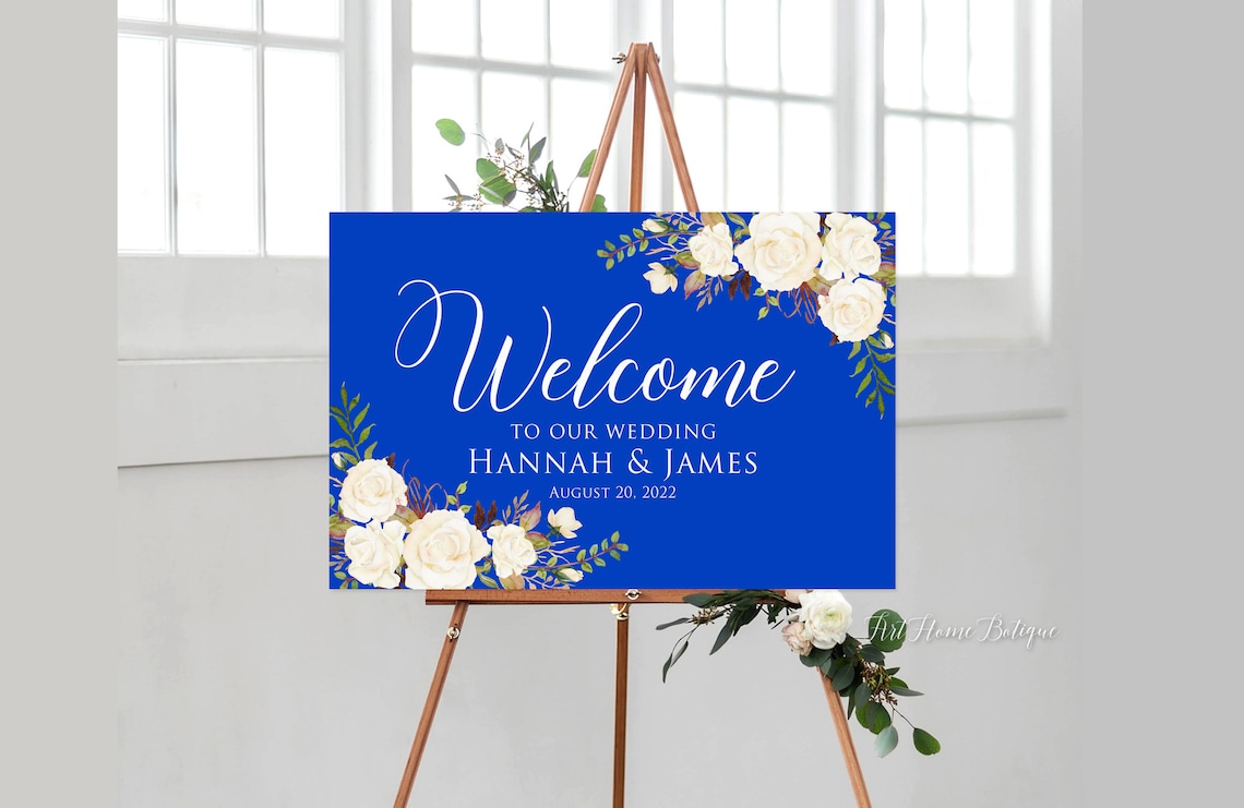 Royal Blue Wedding Welcome Sign Blue and White Flowers - Etsy