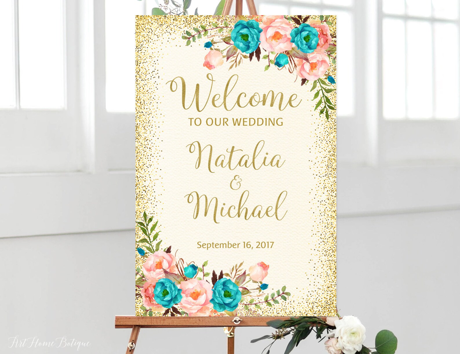 Welcome Wedding Sign Teal Coral and Gold Wedding Welcome - Etsy