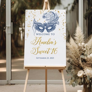 Navy Gold Masquerade Party Welcome Sign, Sweet 16 Welcome Sign ...