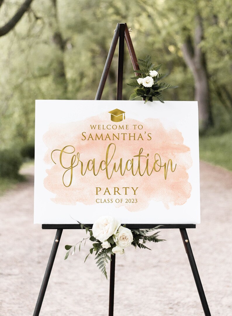Peach Graduation Party Welcome Sign, Watercolor Graduation Welcome Sign ...