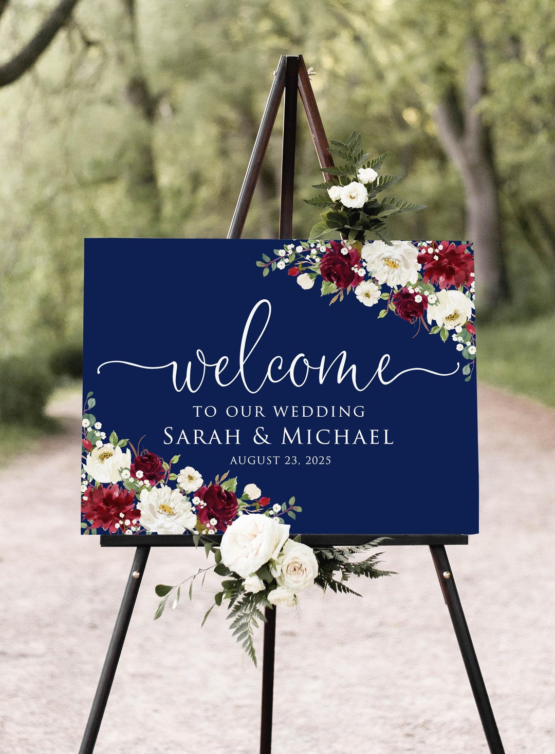 Burgundy Navy Wedding Welcome Sign, Gypsophila Wedding Sign, Baby’s ...
