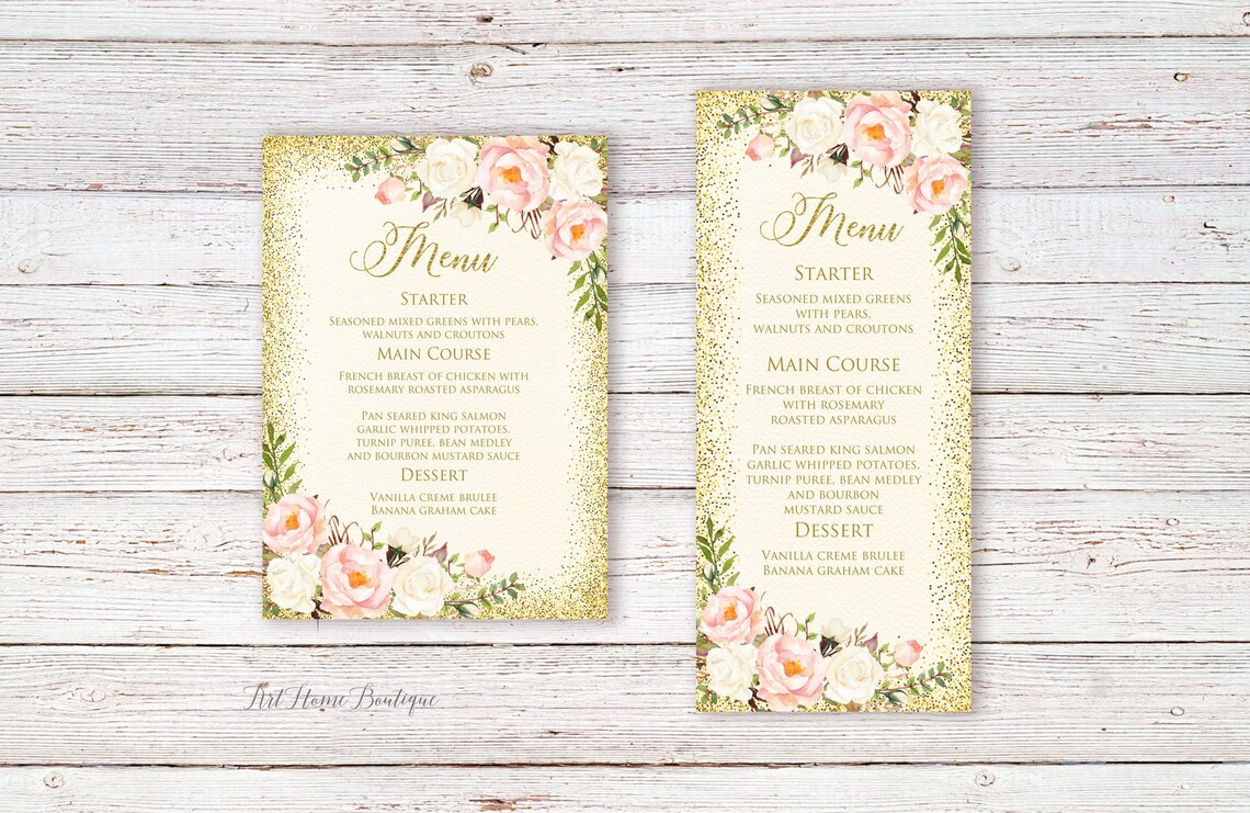 Tarjeta de menú, Menú de cumpleaños imprimible, Menú de boda, Tarjetas ...